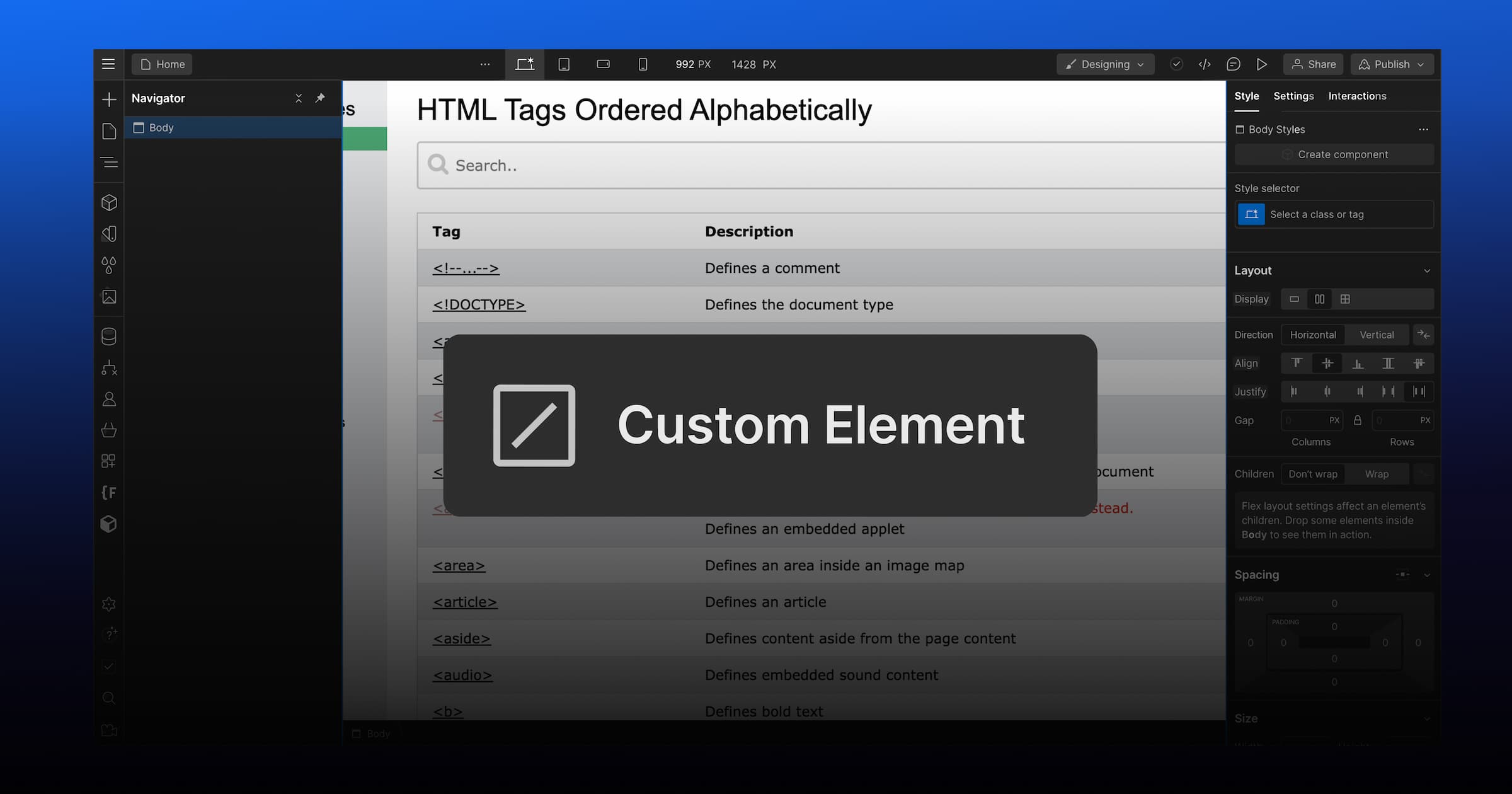Use 100% of HTML's possibilities with Custom Element on Webflow