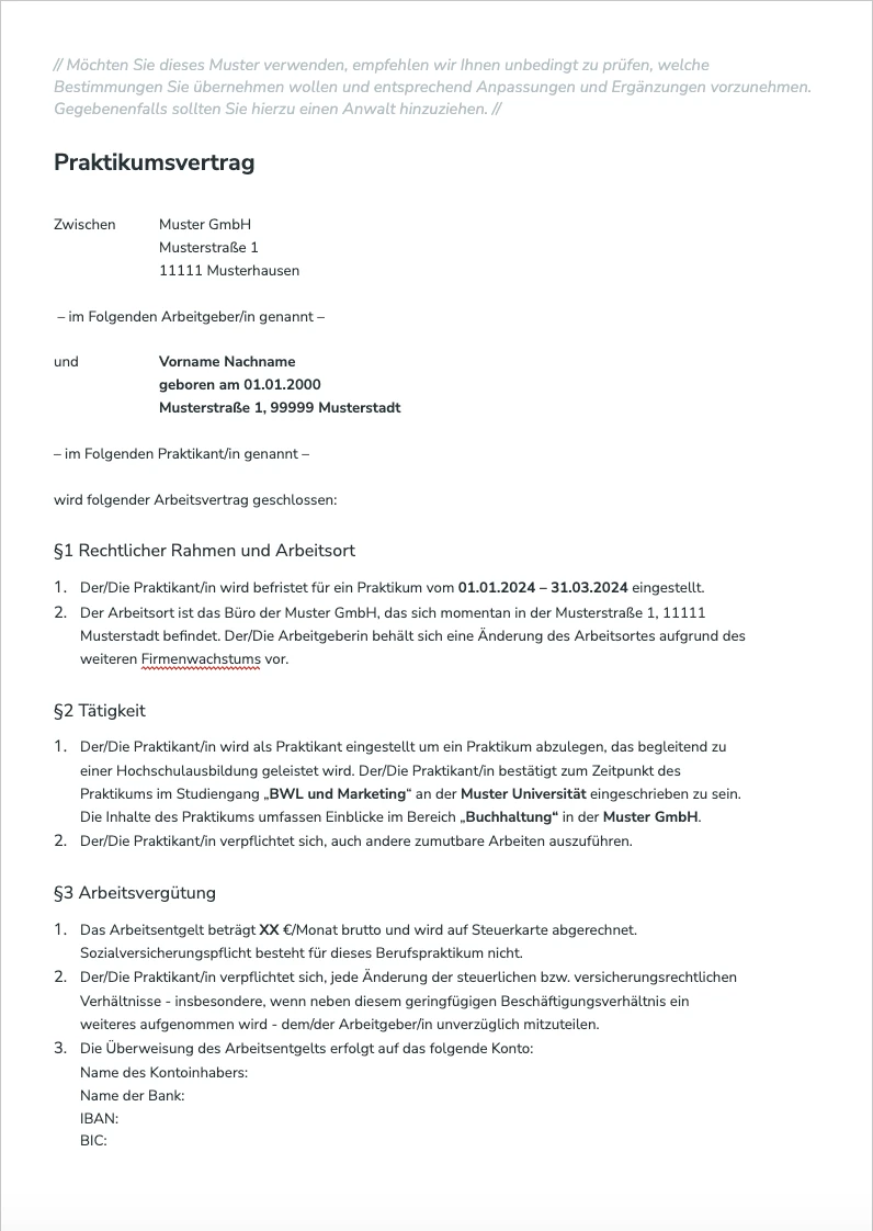 Praktikumsvertrag: Muster als PDF und Word downloaden
