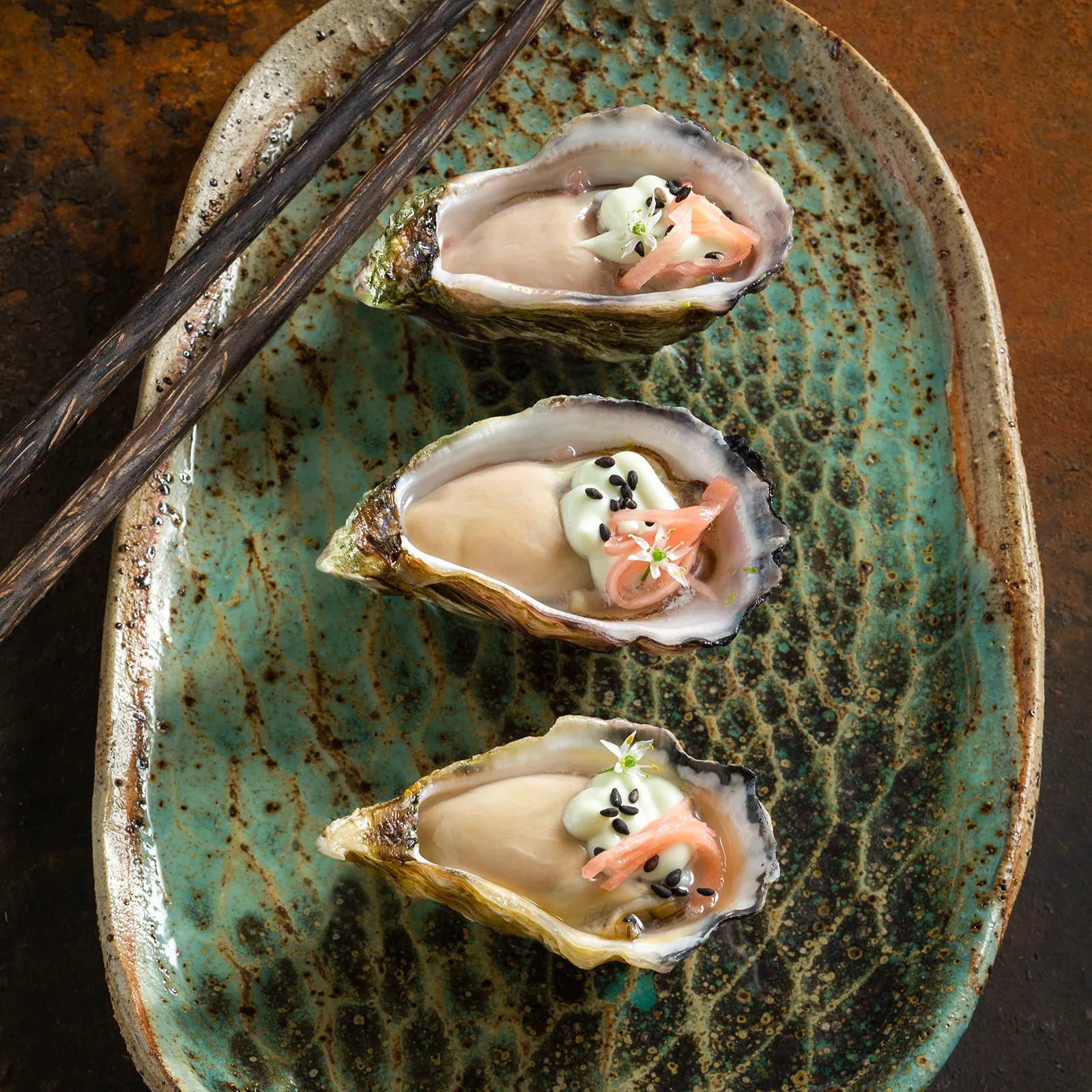 Albany Rock Oysters with Wasabi Mayonnaise, Pickled Ginger and Black ...