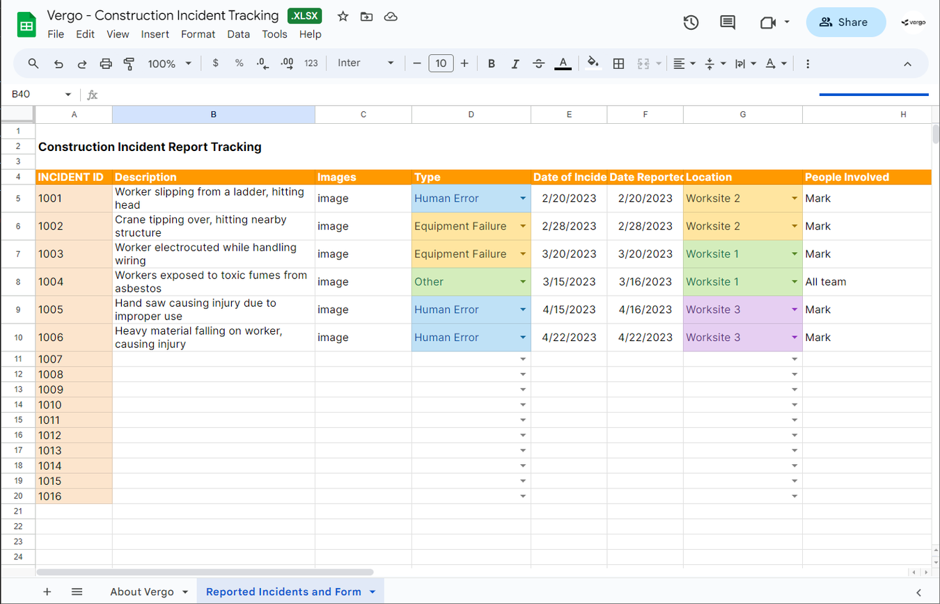 Vergo AI | Free Construction Incident Tracking Template