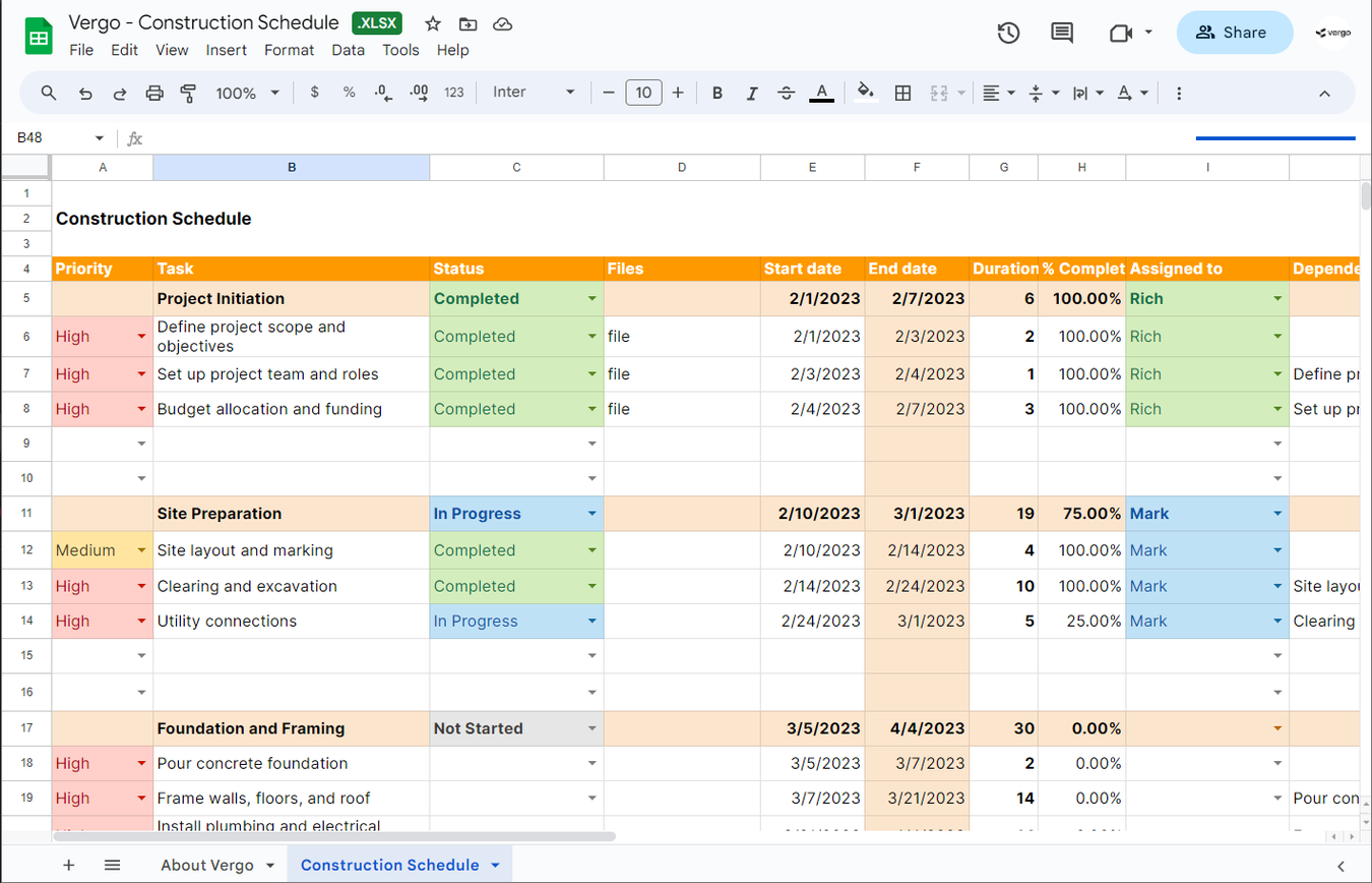 Vergo AI | Free Construction Schedule Template