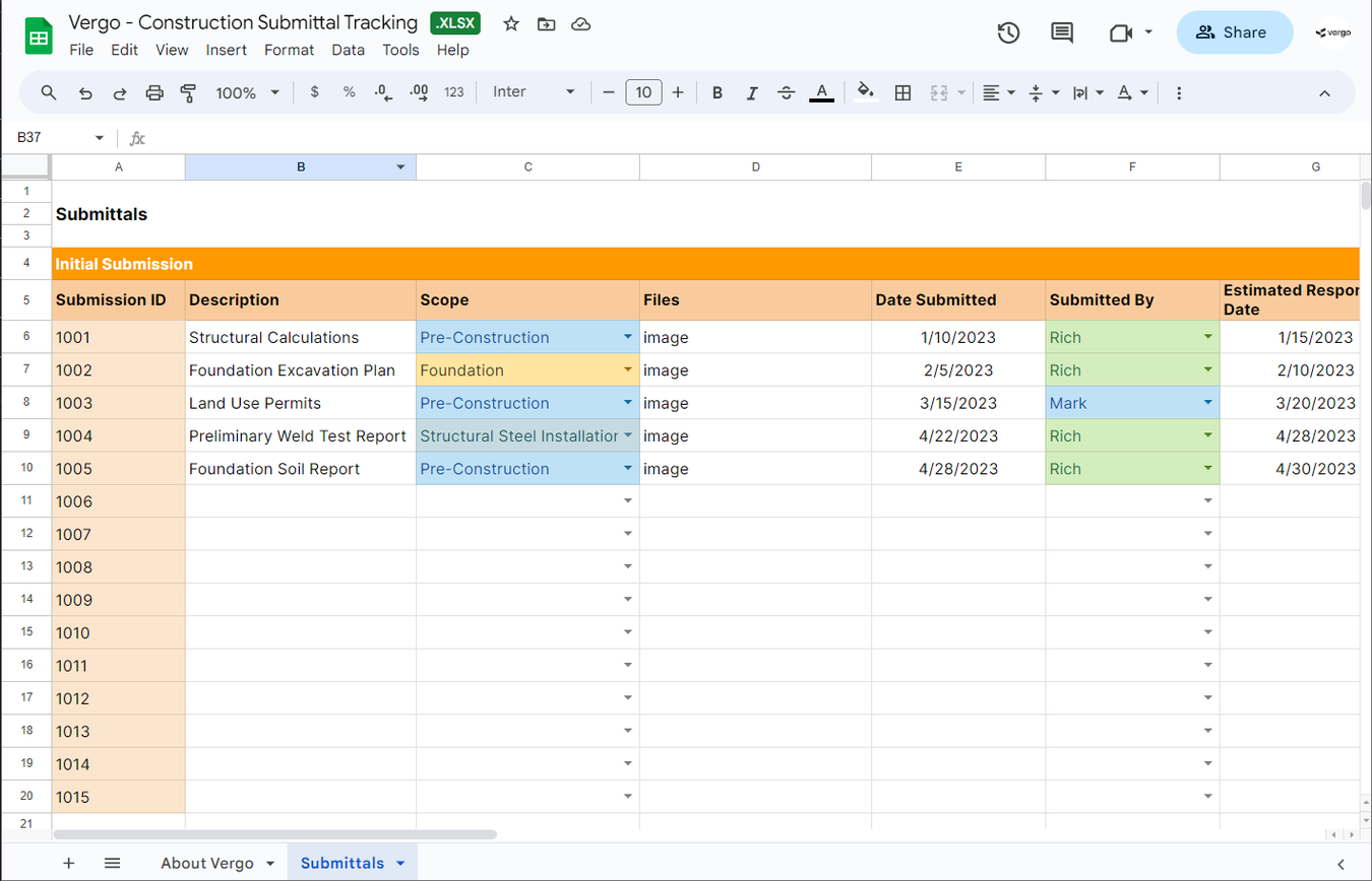Vergo AI | Free Construction Submittal Tracking Template