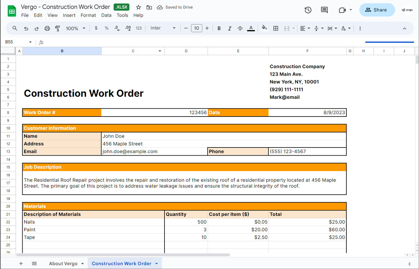 Vergo AI | Free Construction Work Order Template