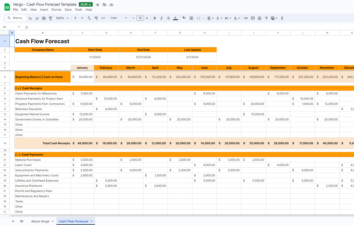 Vergo AI | Free Construction Cash Flow Forecast Template