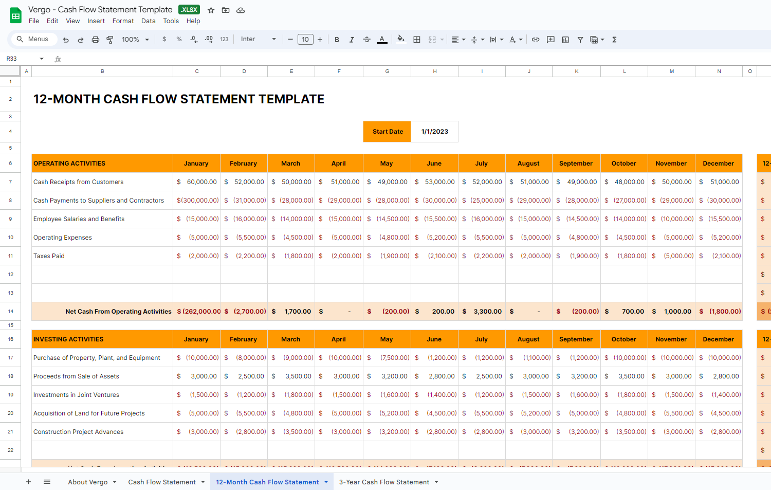 Vergo AI | Free Construction Cash Flow Statement Template