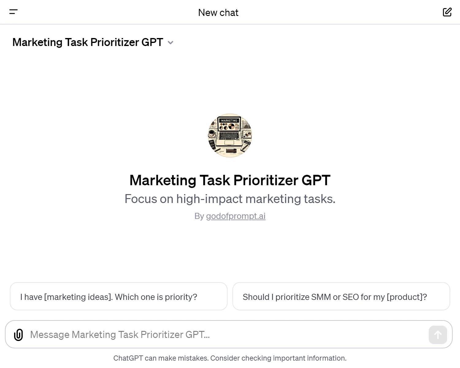 Marketing Task Prioritizer GPT - Focus on high-impact marketing tasks.