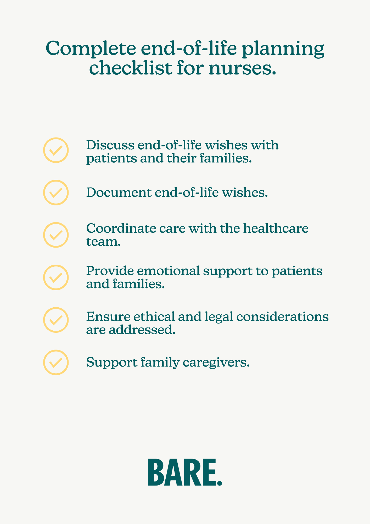 Complete end-of-life planning checklist for Nurses and Patients. - Bare