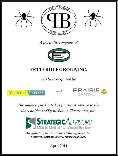 Sale of Pyott-Boone Electronics to Vierville Capital