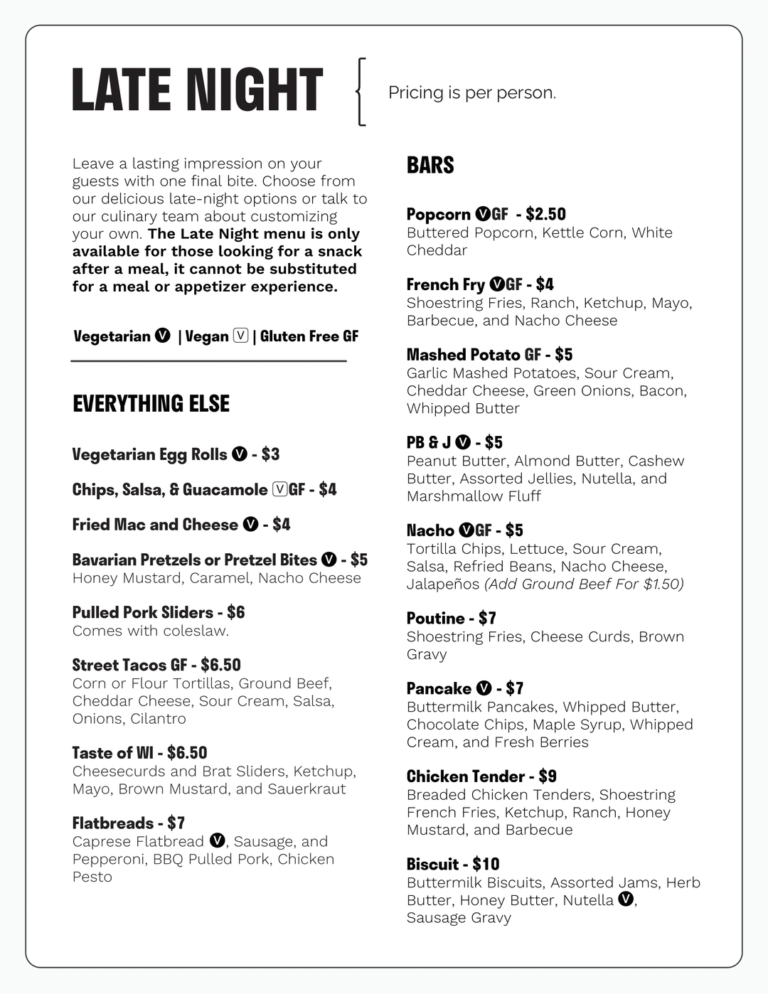 In-House Catering Menu