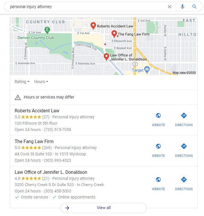 Google My Business Ranking Study of Injury Attorneys in 426 U.S. Cities