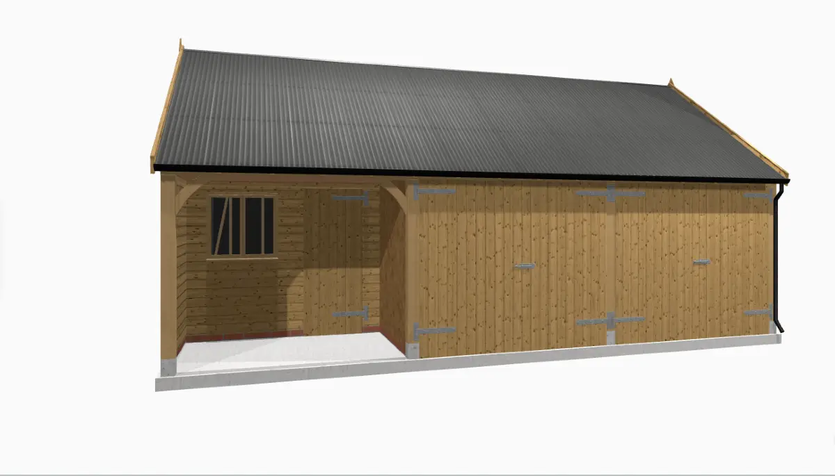 Triple Bay Oak Framed Garage With Recessed Store and Garage