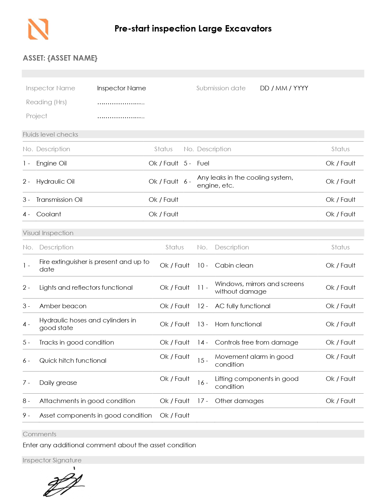 FREE Pre-start checklist form for large excavators