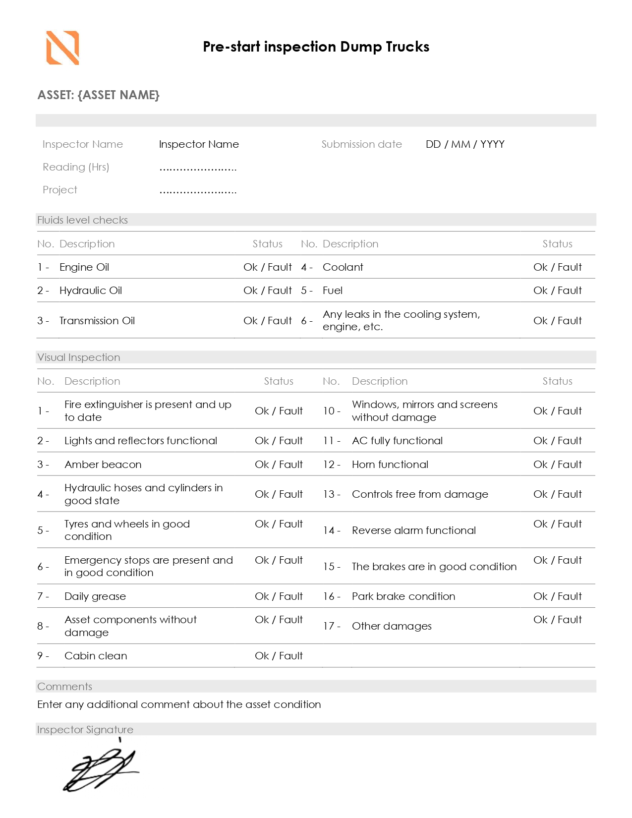 FREE Pre-start checklist form for dump trucks