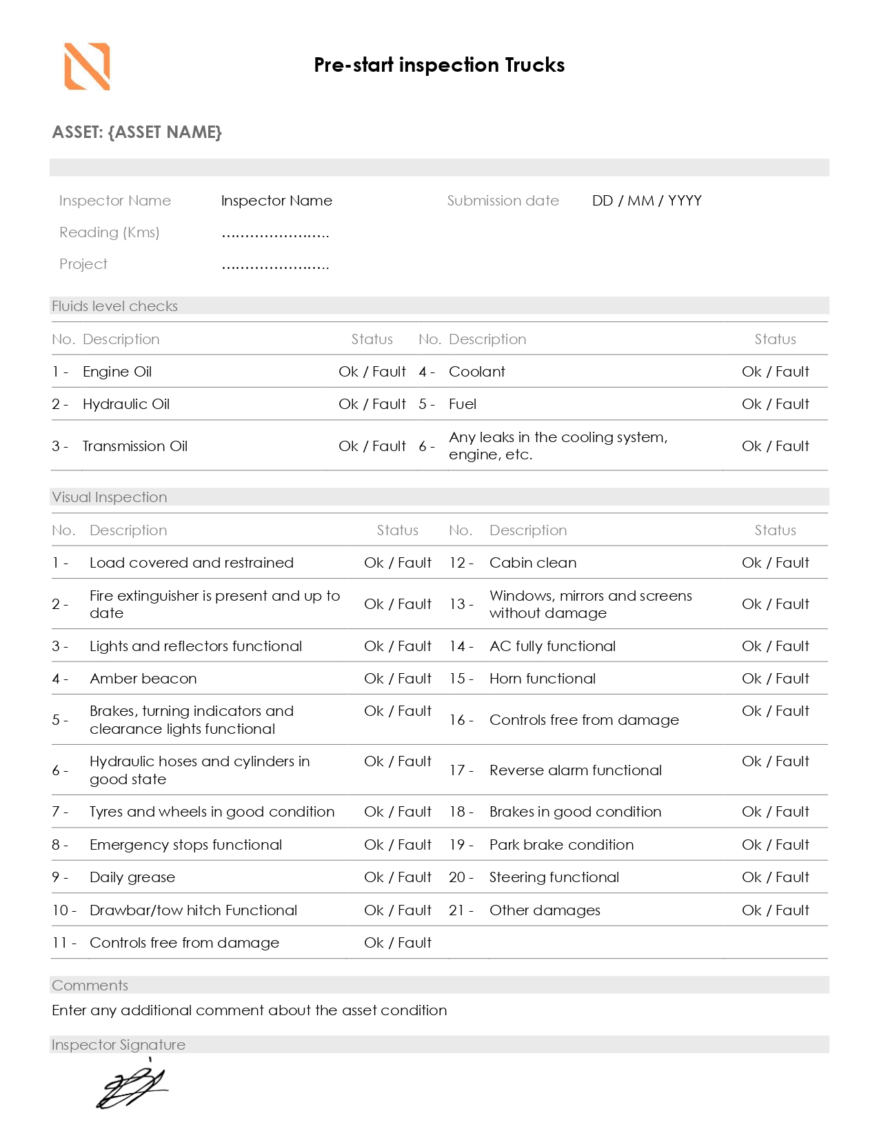 FREE Pre-start checklist form for trucks