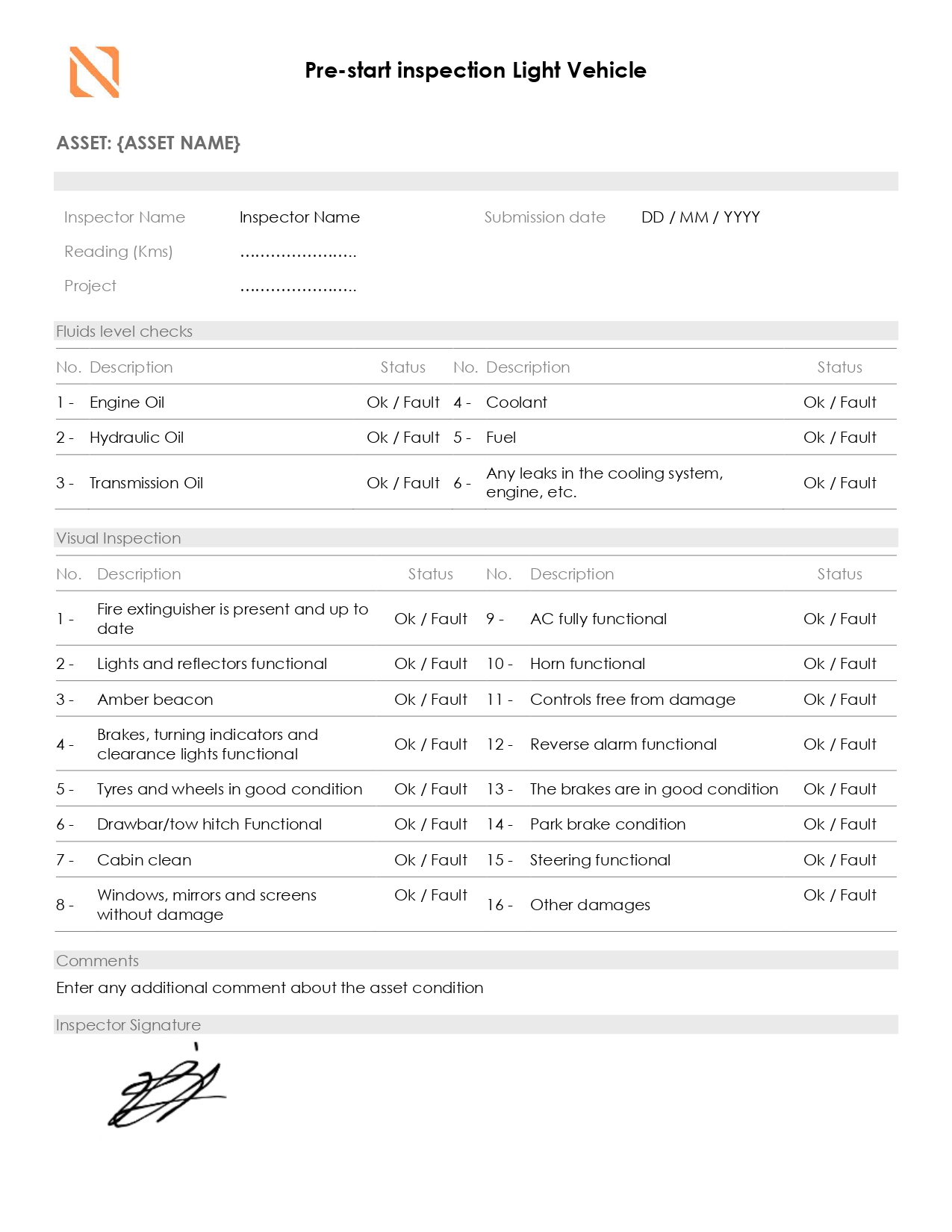 FREE Pre-start checklist form for light vehicles