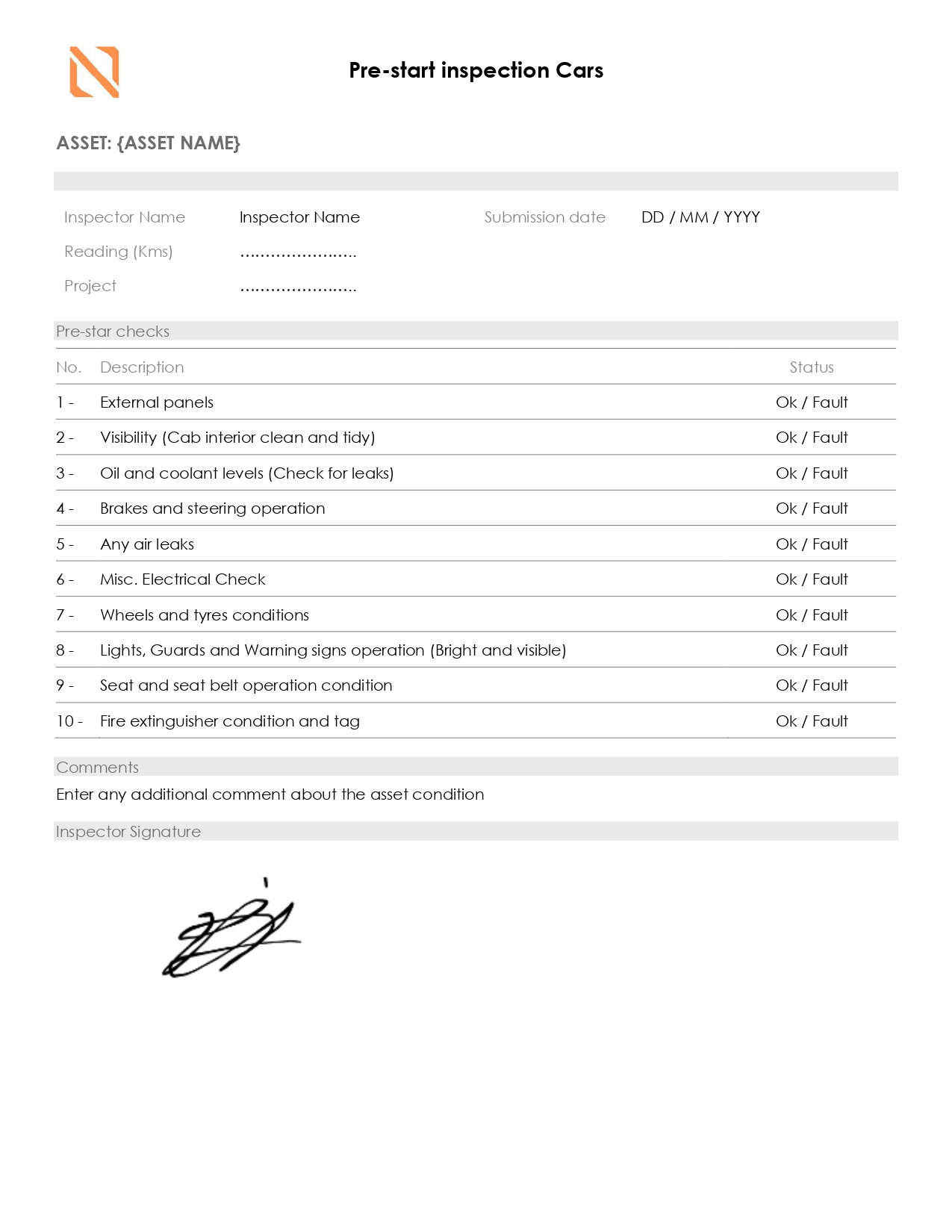 FREE Pre-start checklist form for cars