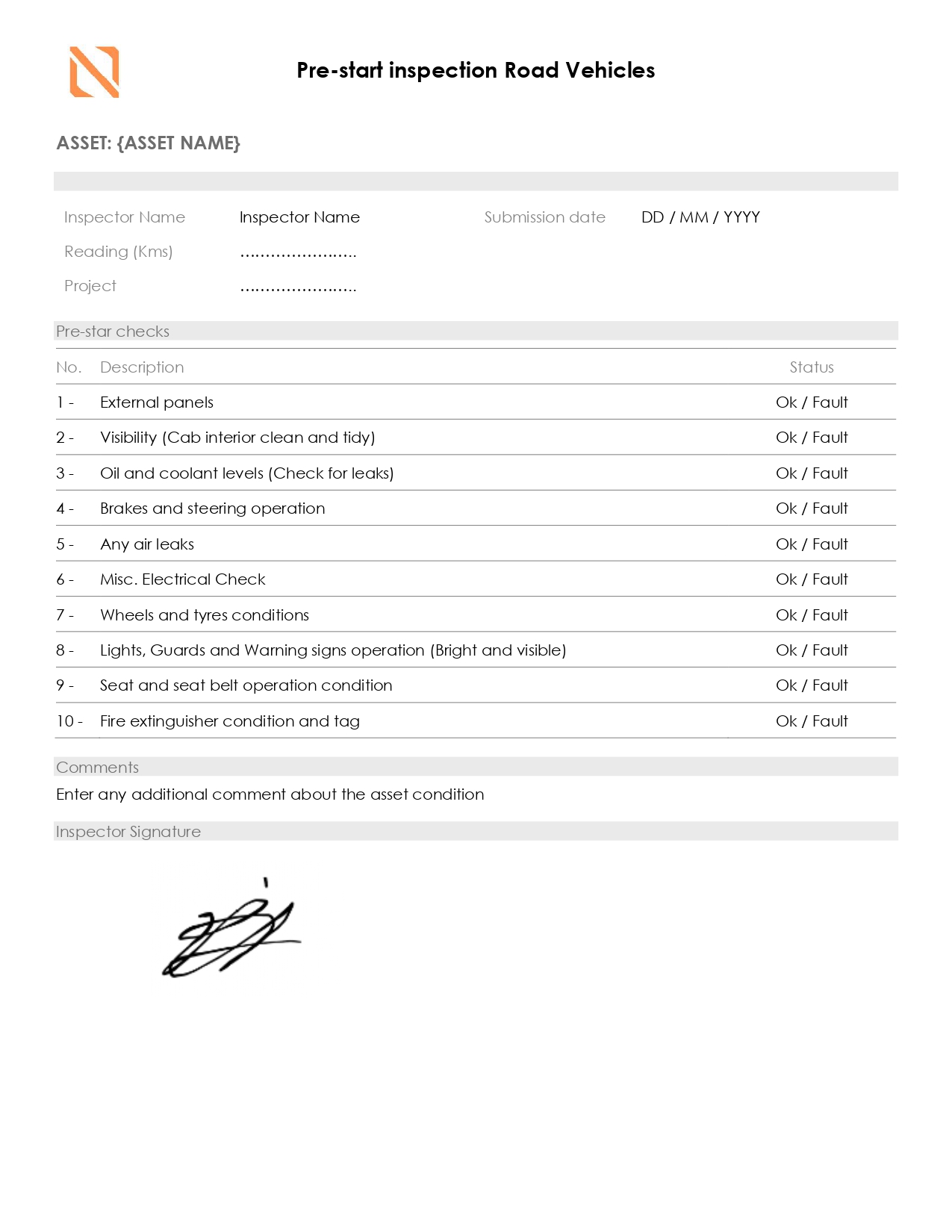 FREE Pre-start checklist form for road vehicles