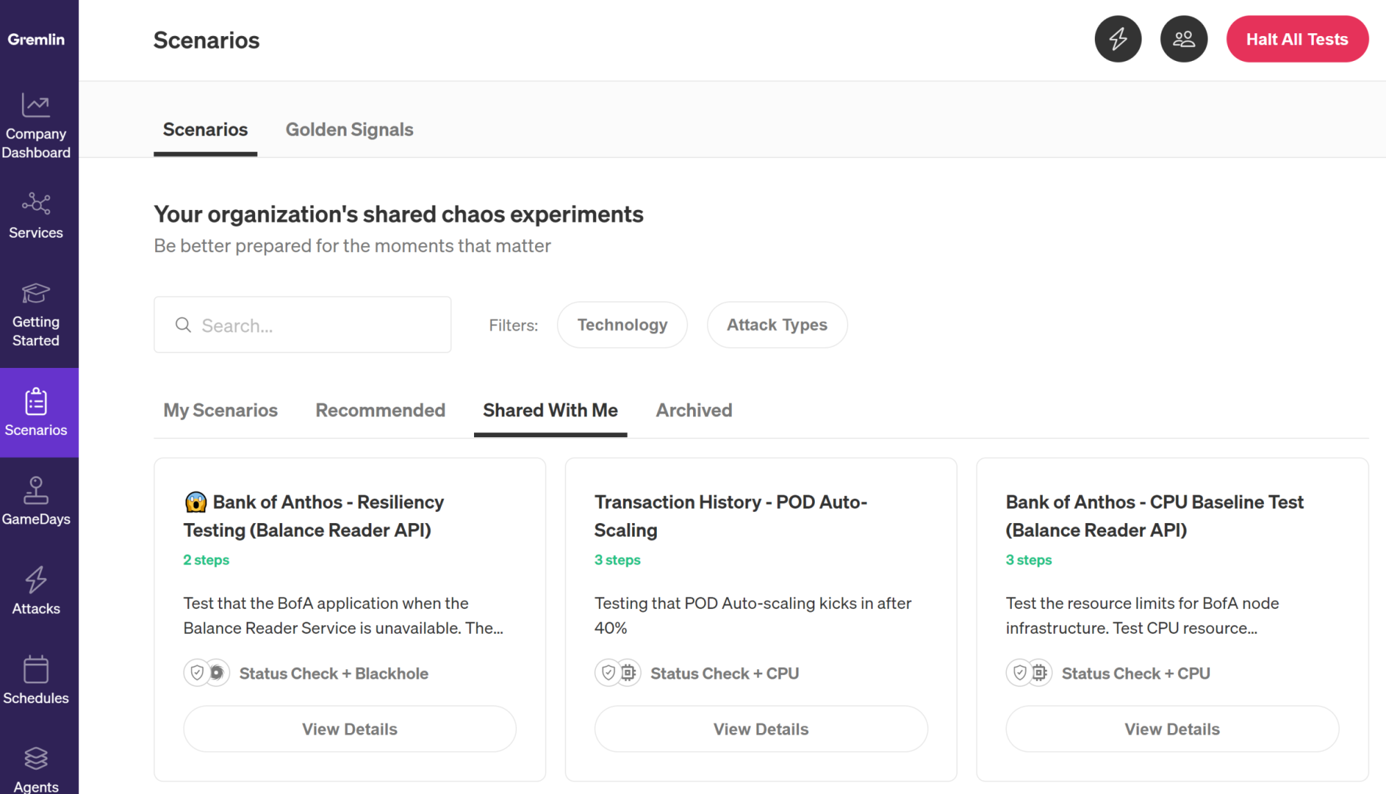 Fault Injection > Shared Scenarios | Gremlin Docs