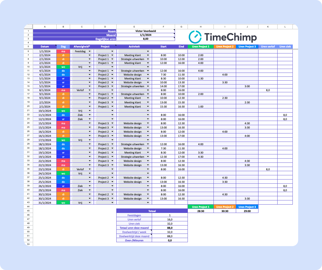 Urenregistratie met gratis Excel-templates - TimeChimp