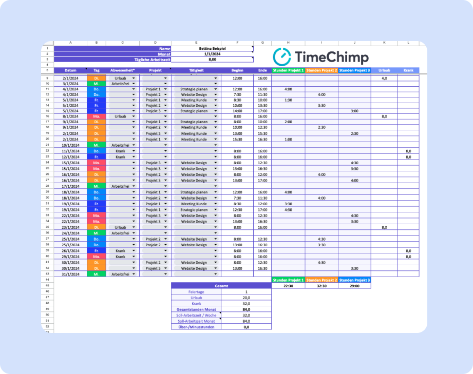Arbeitszeiterfassung: kostenlose Excel-Vorlagen - TimeChimp DE