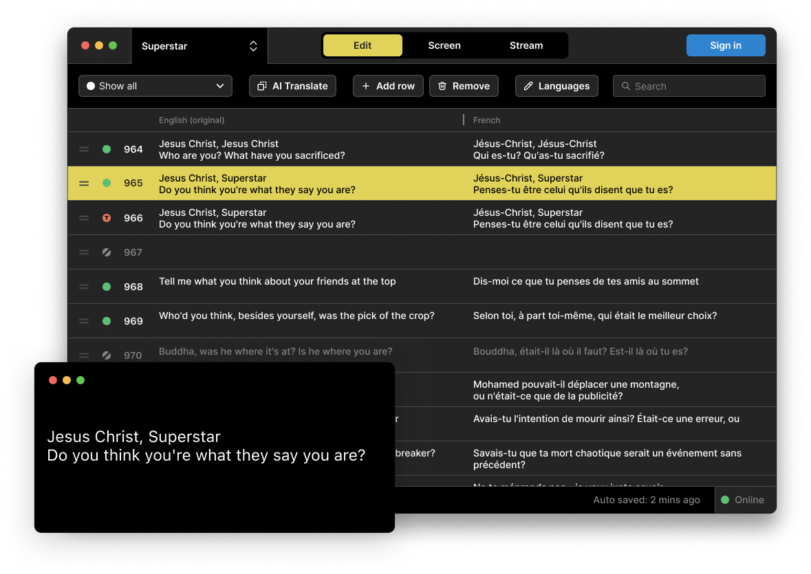 Create, translate and screen subtitles in theatre | Captitles