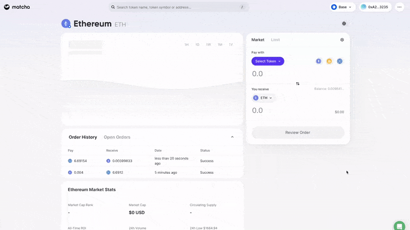 Trade tokens on Base with Matcha