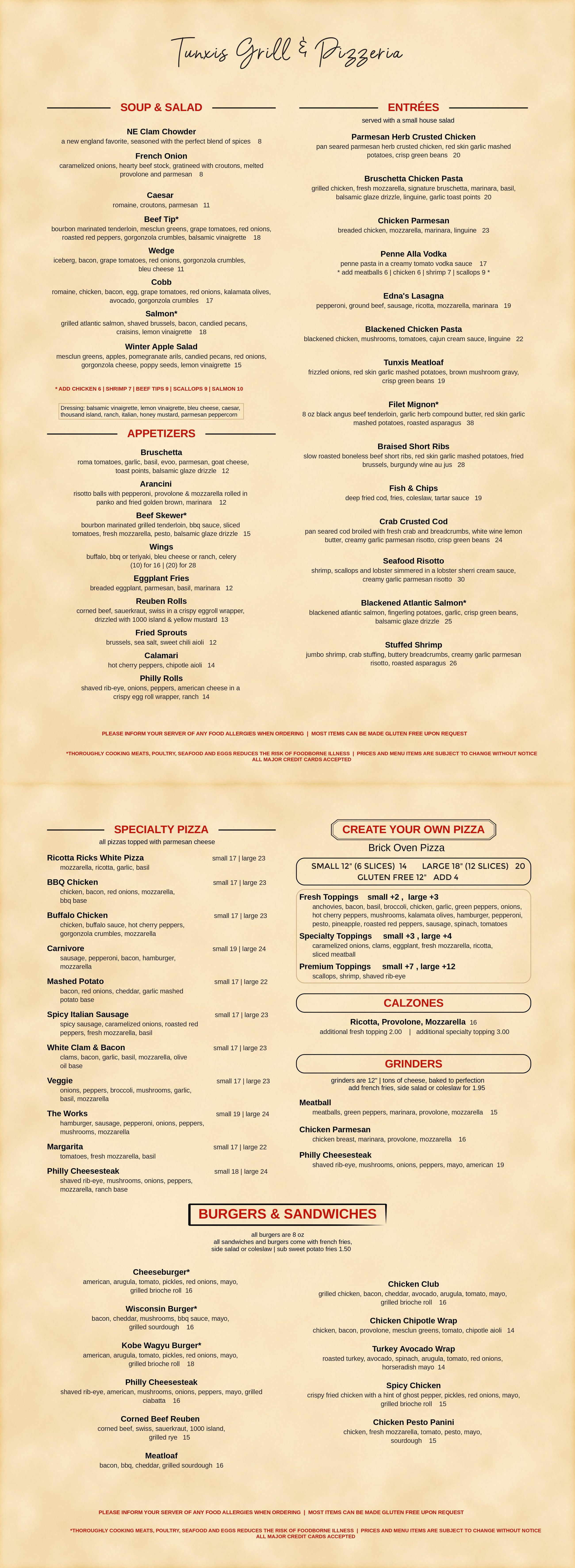 Tunxis Grill & Pizzeria | Menus | Windsor, CT