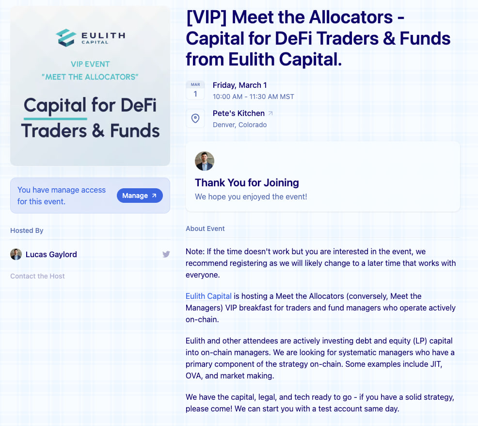 Eulith Capital Hosts VIP Meet the Allocators for DeFi Managers at Eth ...