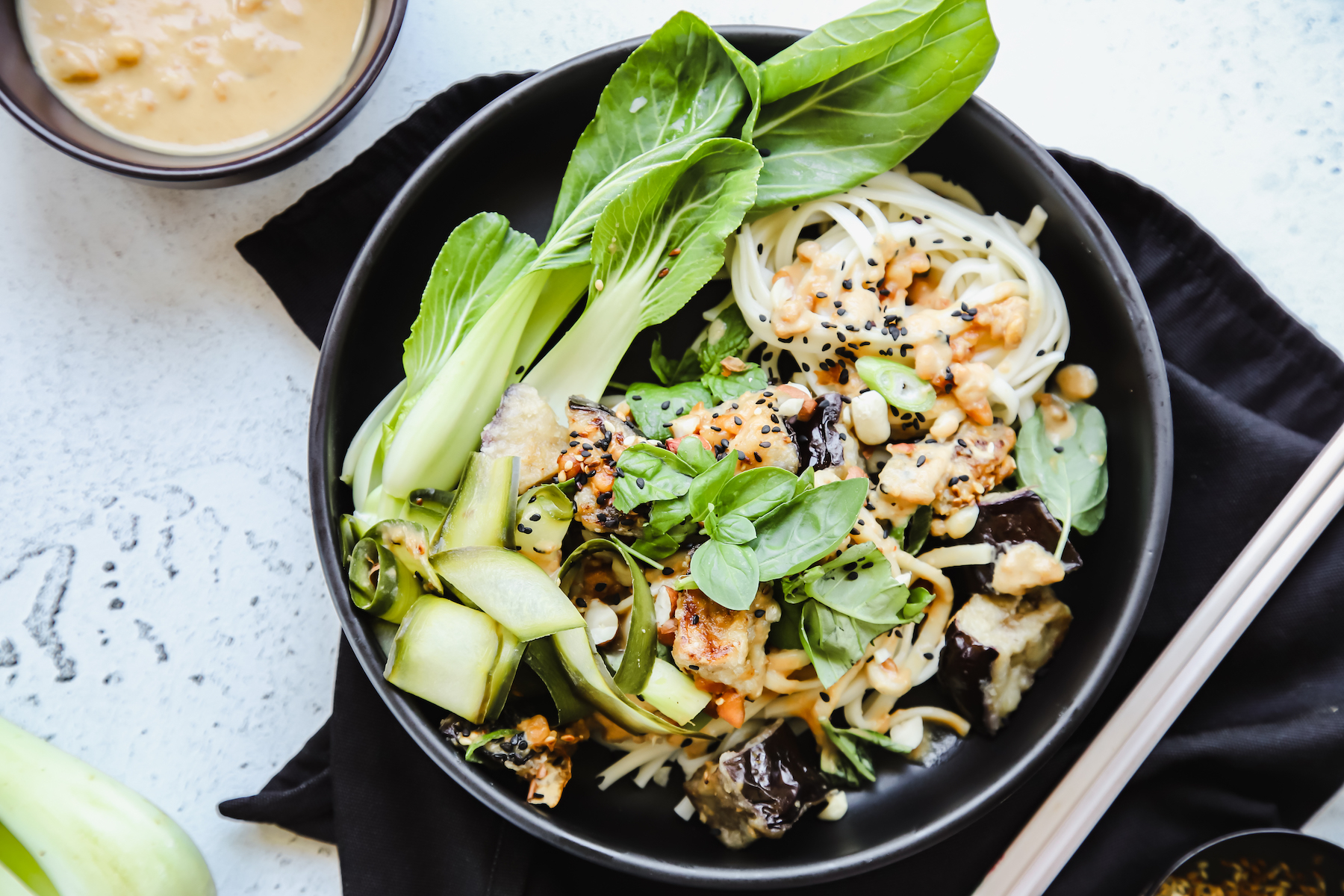 Satay Eggplant Noodle Bowl w/ Pak Choy & Pickled Cucumber