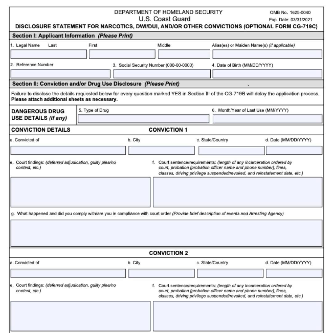 Reporting Issues on CG-719C for USCG License