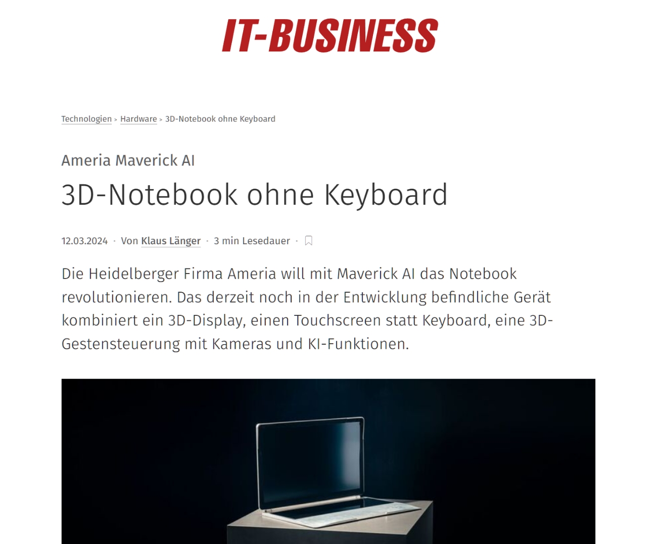 AMERIA AG | News & Press | IT-Business: "3D-Notebook without Keyboard"