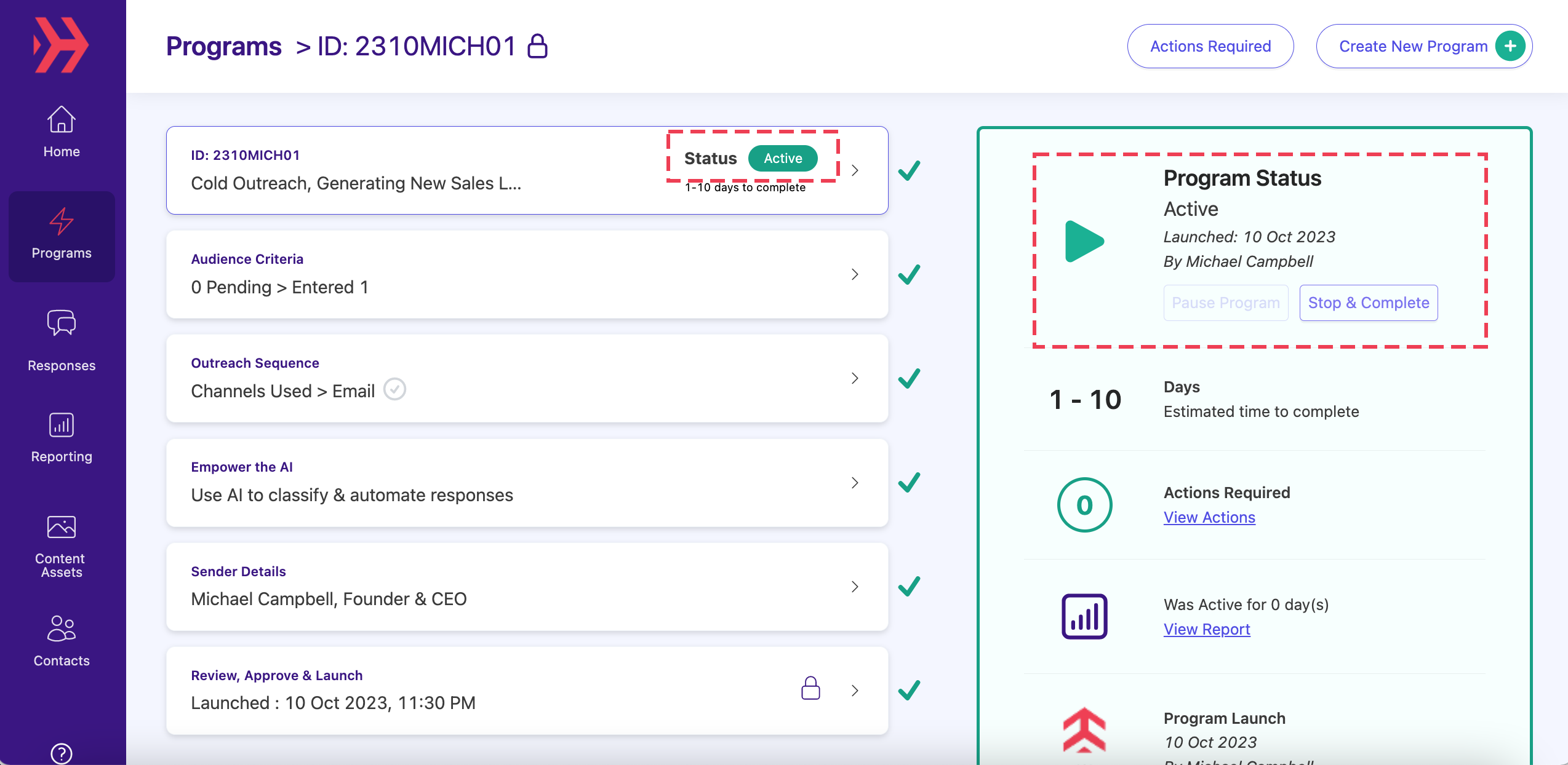 How to manage (Edit, Launch, Schedule, Pause or Stop) program status