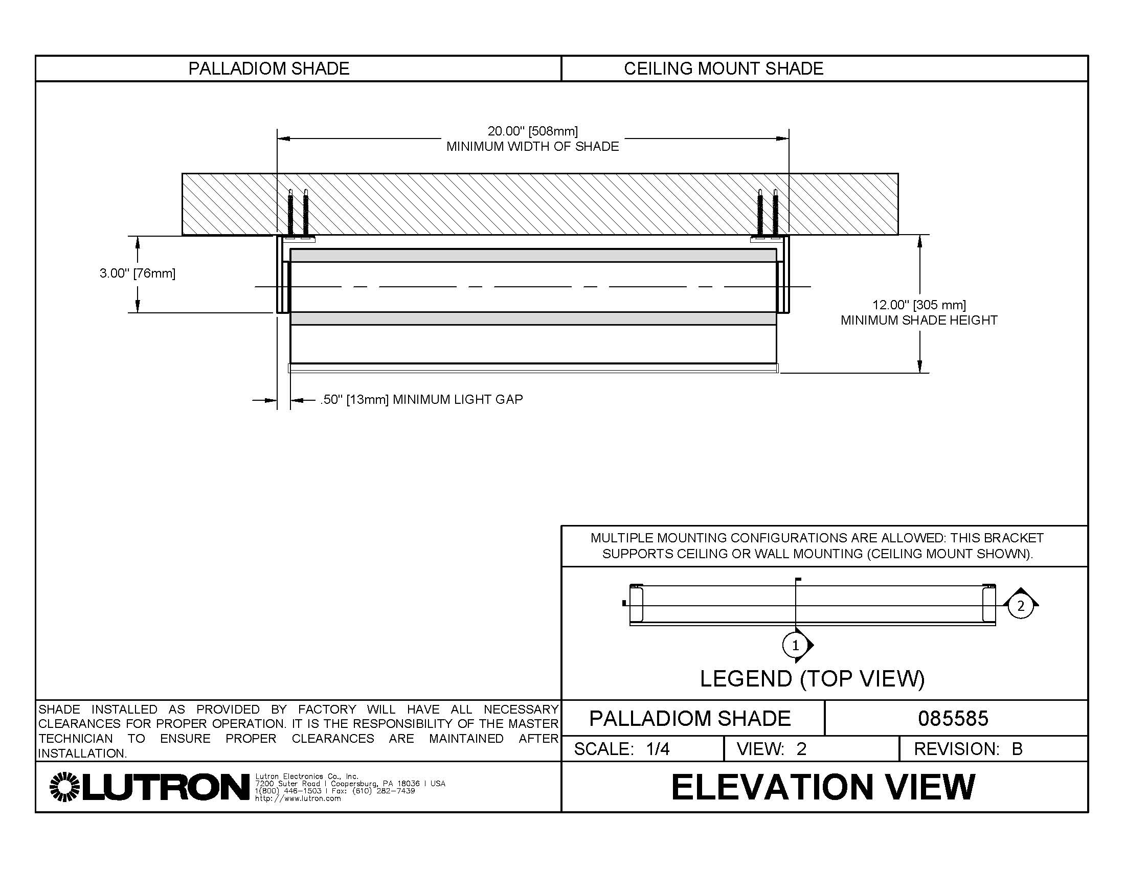 Lutron Palladiom Shade Ceiling Mount Elevation w Dimensions