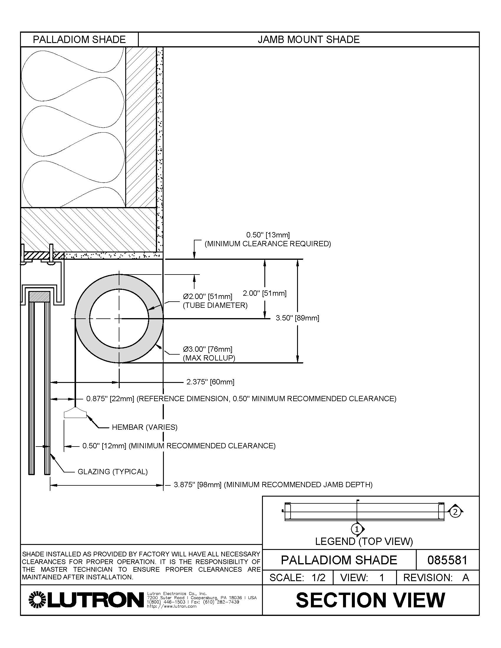 Lutron Palladiom Shade Jamb Mount Shade Section View