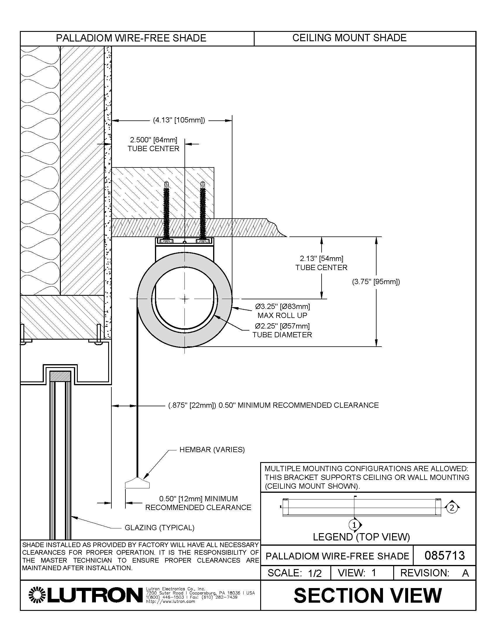 Lutron Palladiom Wire-Free Shade Ceiling Mount Section View