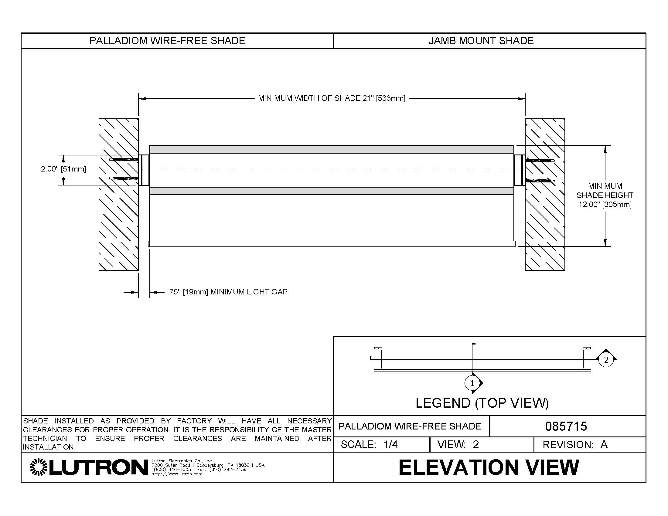 Lutron Palladiom Wire-Free Shade Jamb Mount Elevation w Dimensions