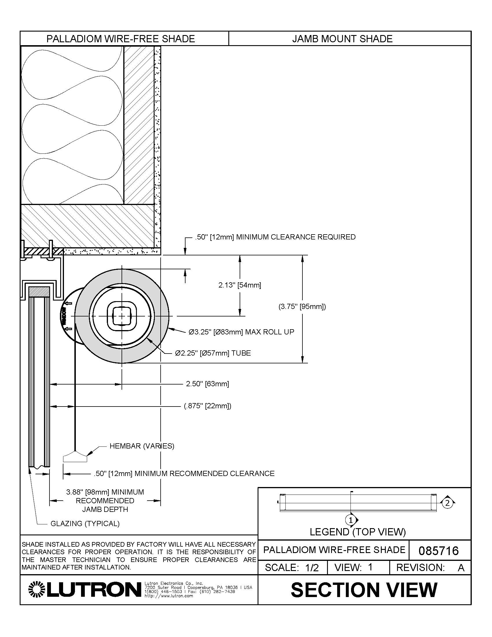 Lutron Palladiom Wire-Free Shade Jamb Mount Section View