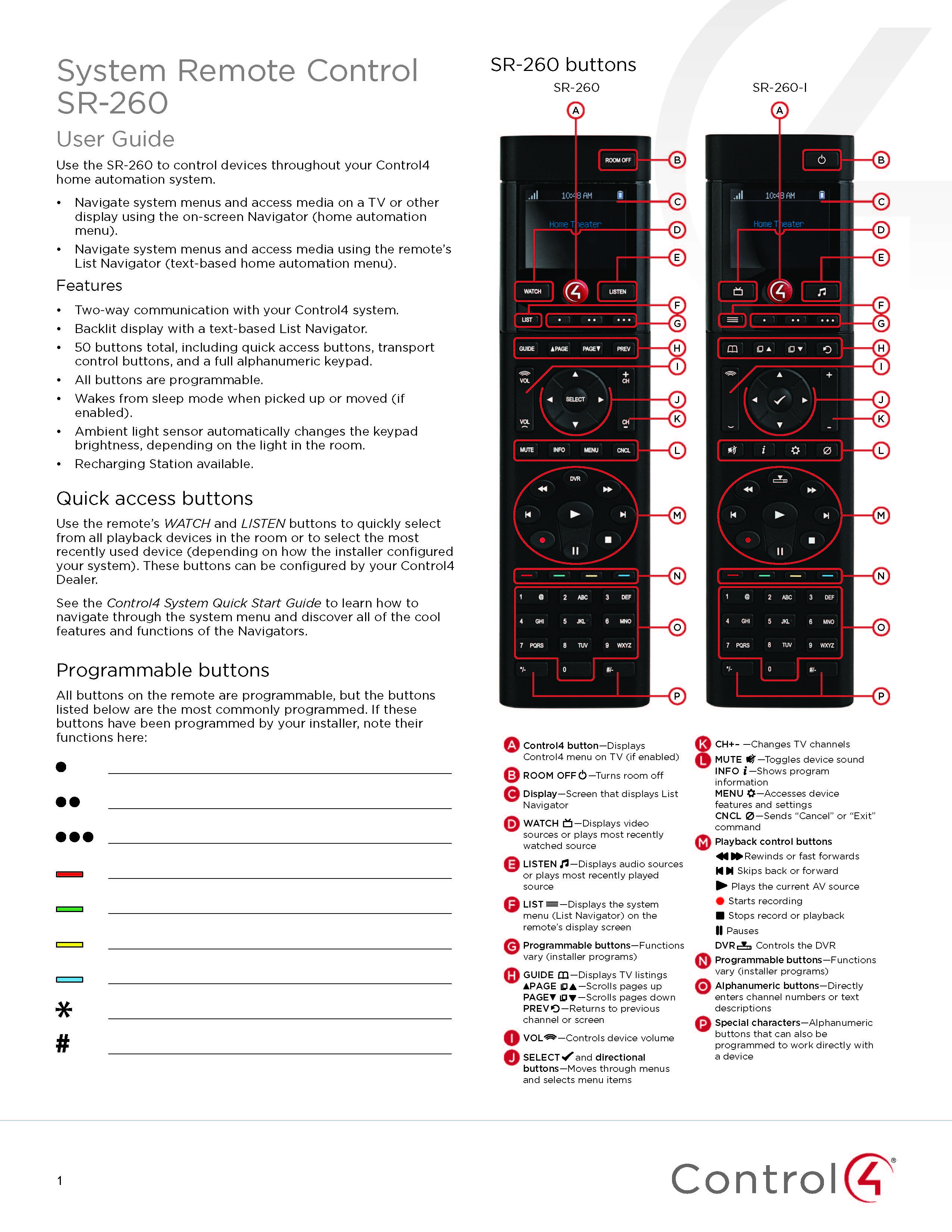 Quick Start Guide: SR260 Remote