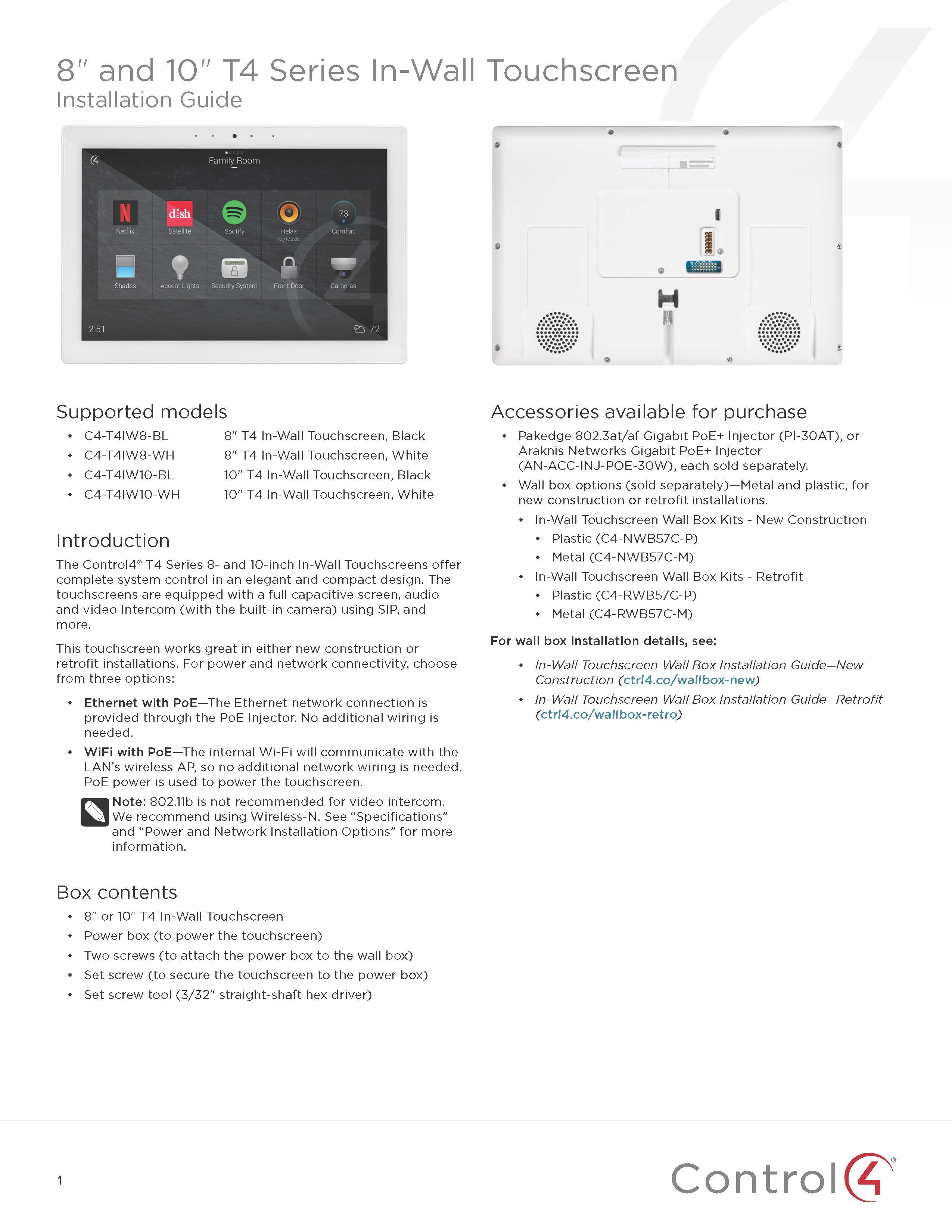 Installation Guide T4 Series 8” and 10” in-wall Touchscreen