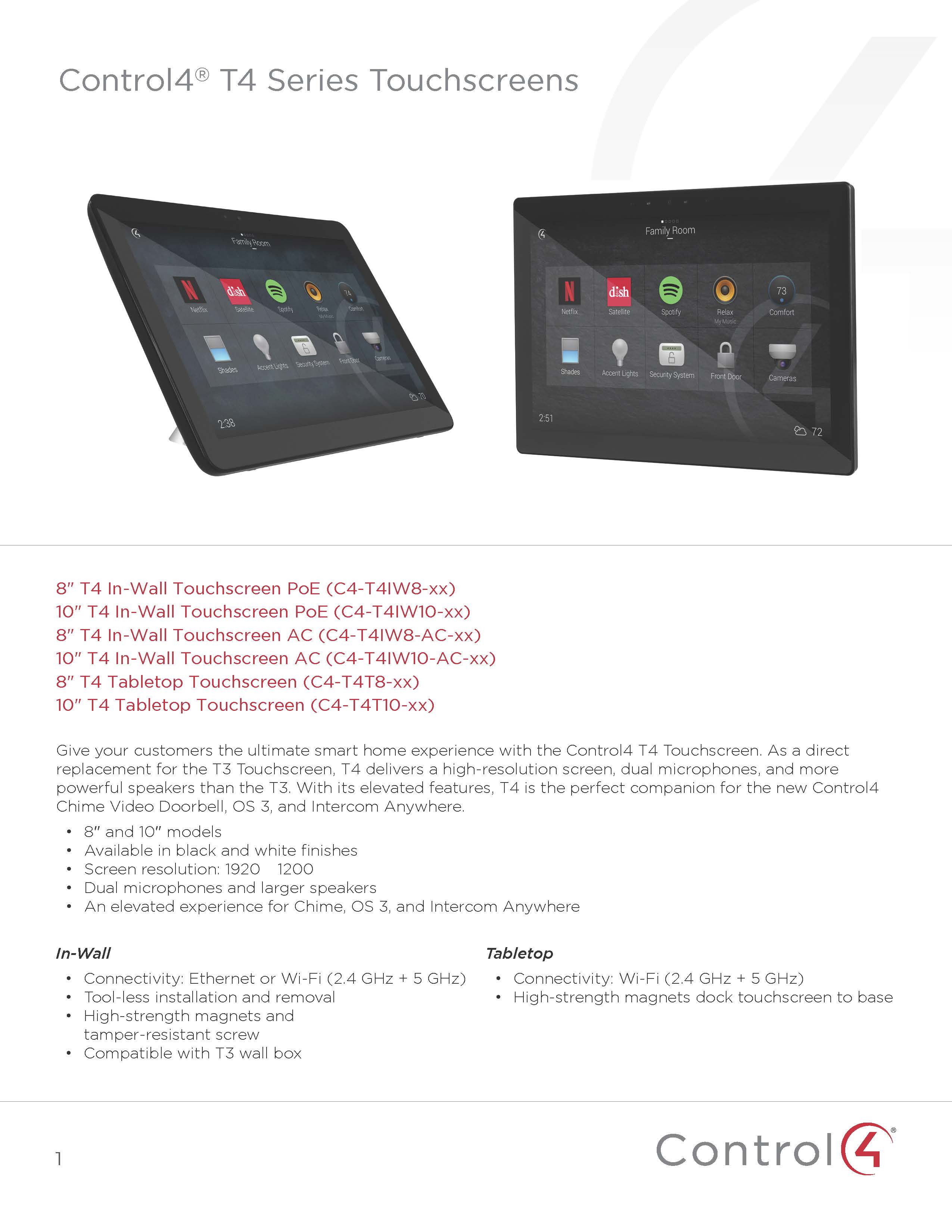 T4 Series Touchscreens, tabletop and in-wall
