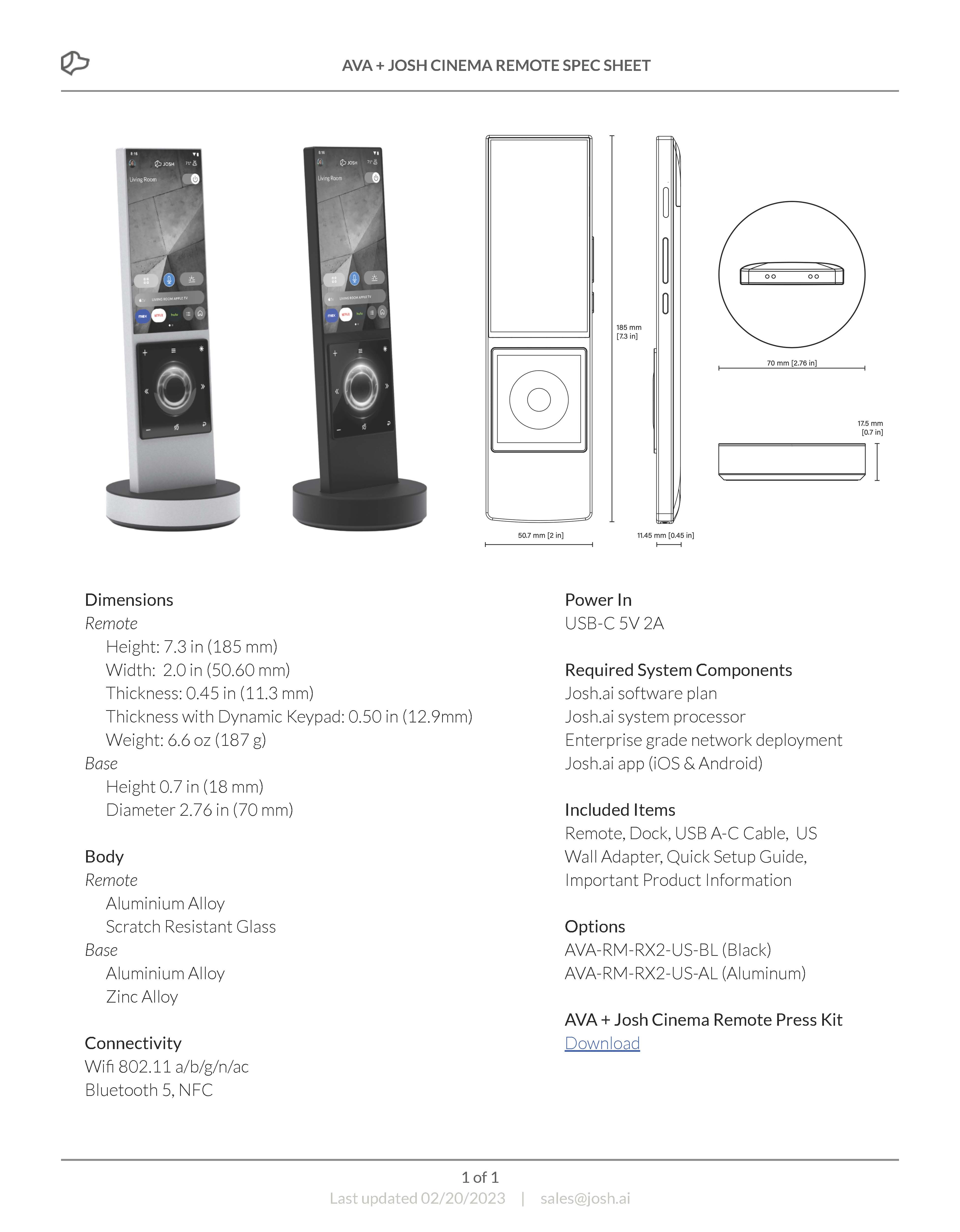 Ava + Josh Cinema Remote Spec Sheet