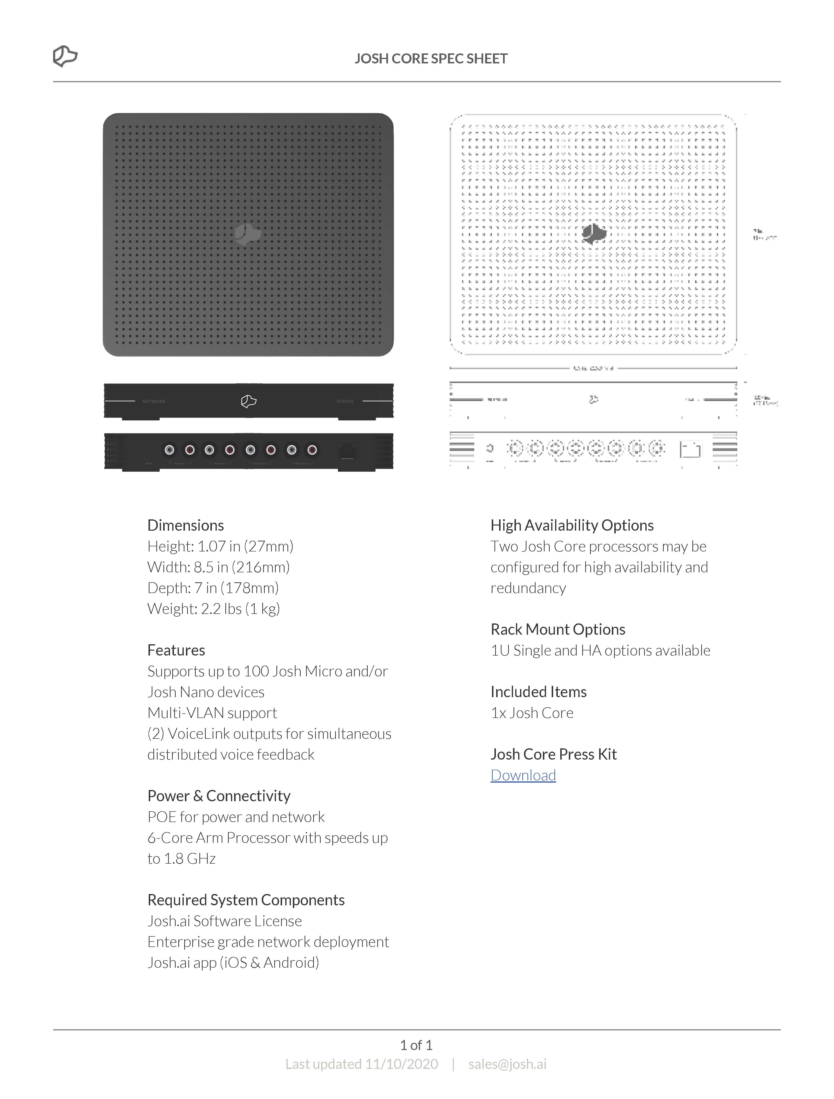 Josh Core Spec Sheet