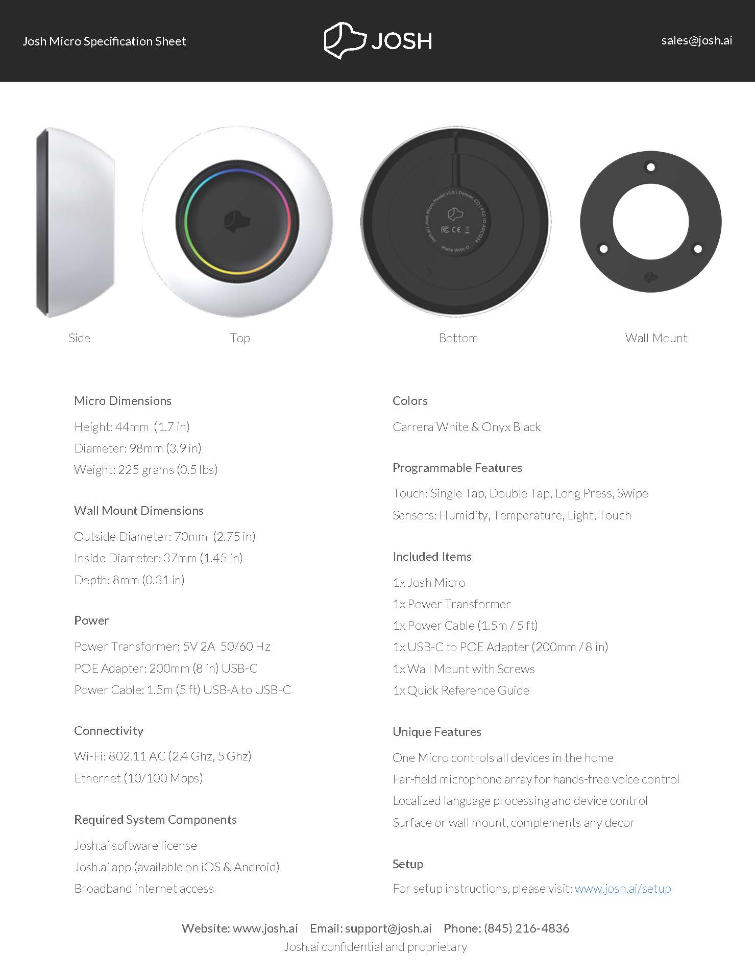 Josh Micro Specification Sheet