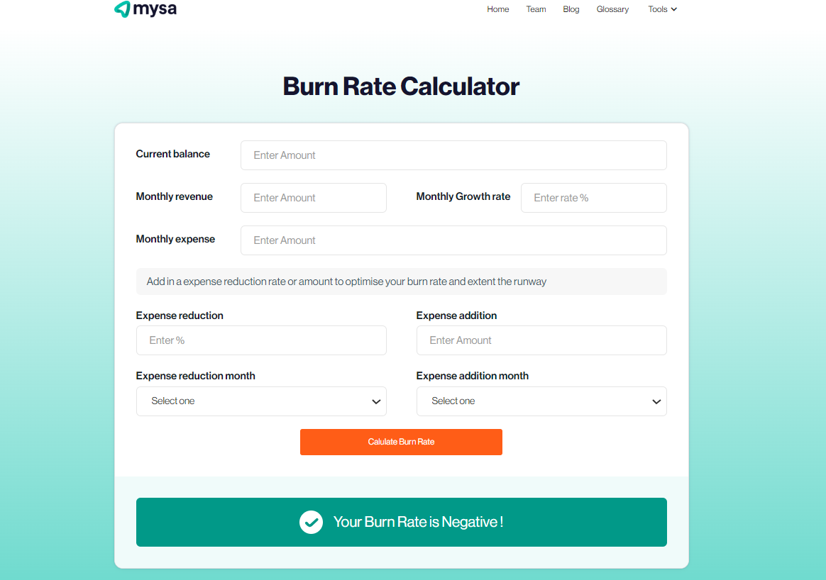 Burn Rate + Startup Runway Calculator | Mysa