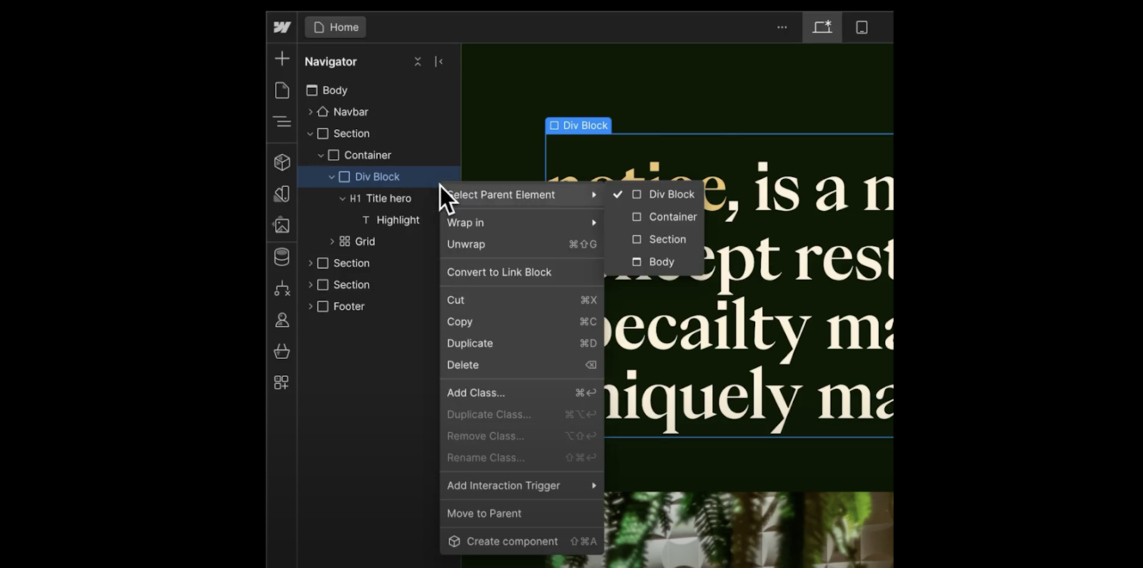 Right click now supported in the Navigator panel | Webflow Updates