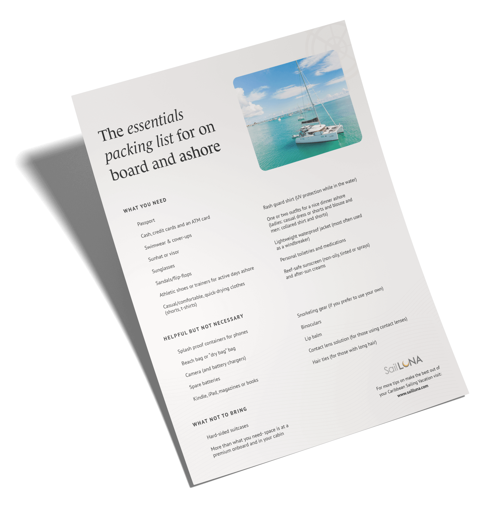 Free Yacht Charter Packing List - Sail LUNA