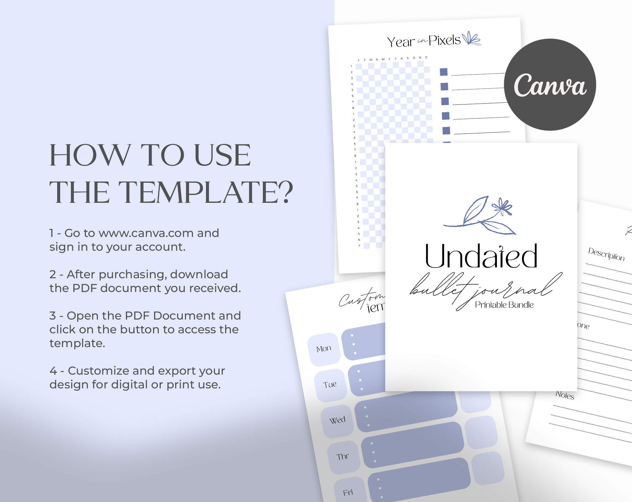 Undated Bullet Journal Printable Bundle Canva Template | Digital ...