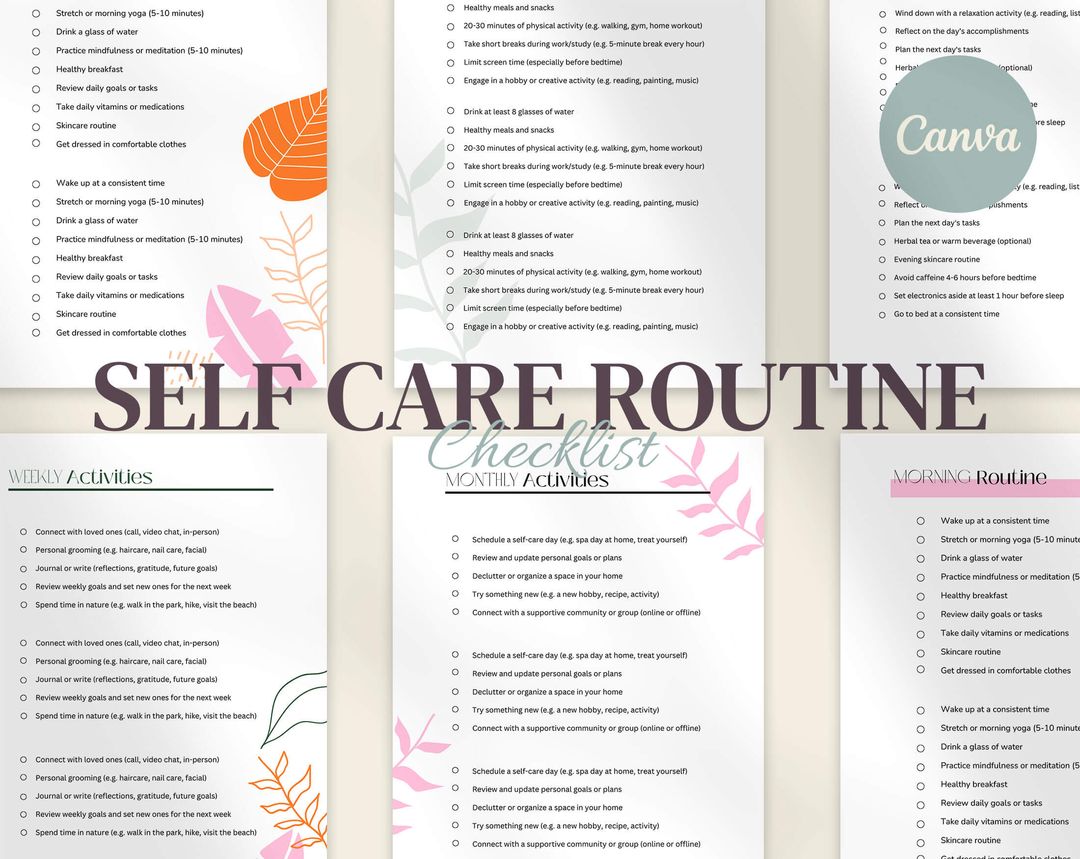 Self Care Routine Checklist Printable Canva Template | Digital Products ...