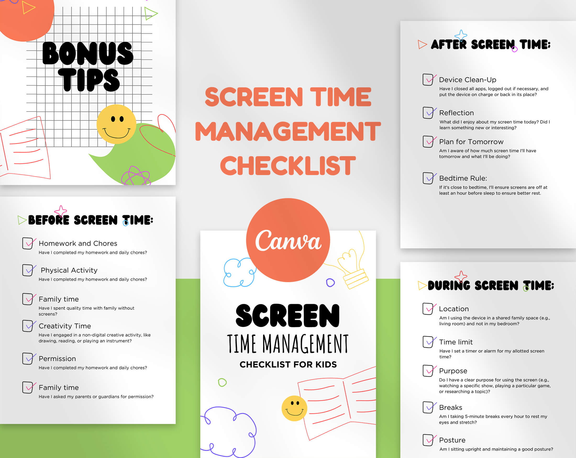Screen Time Management Checklist Canva Template | Digital Products with ...