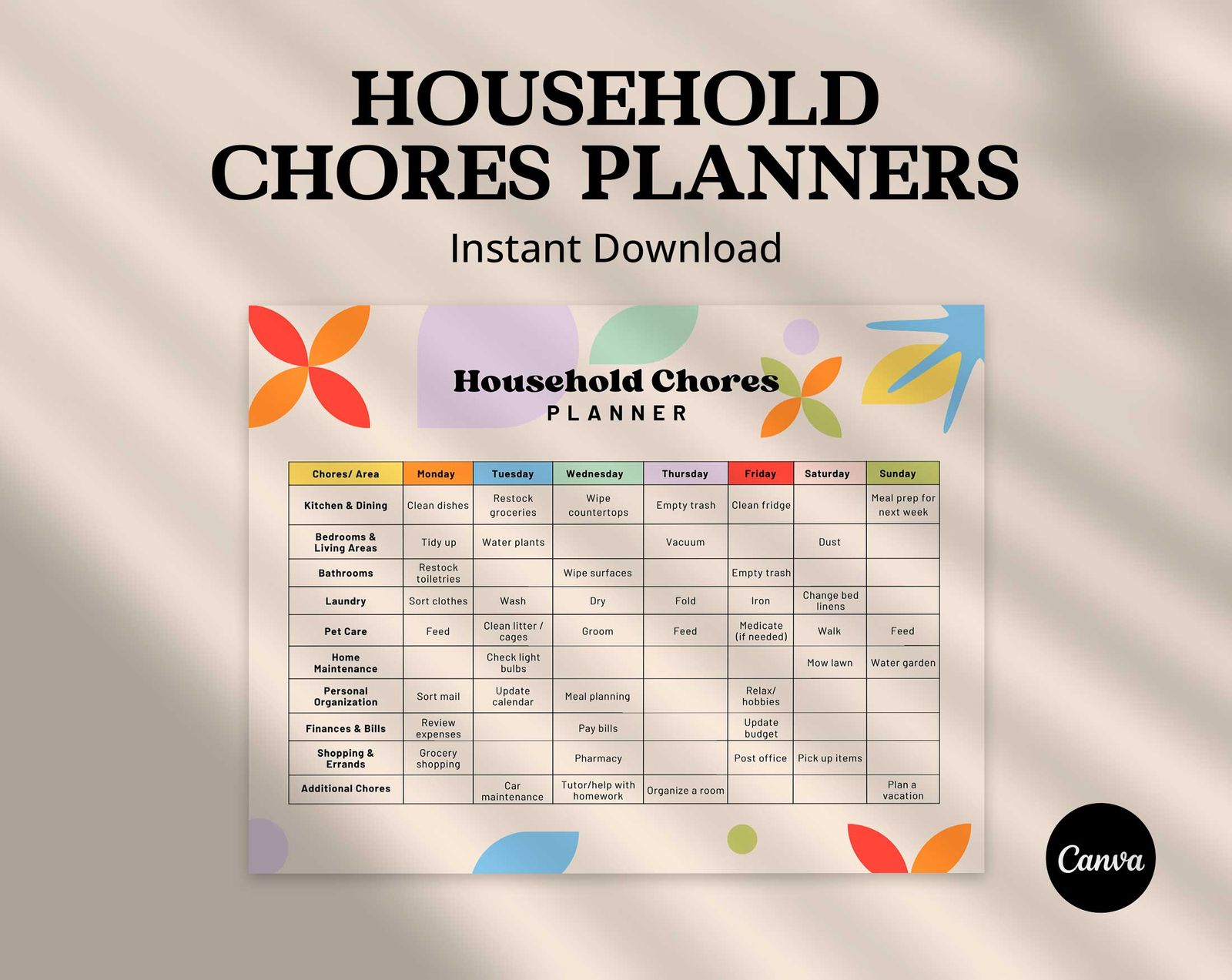 Household Chores Planner Printable Canva Template | Digital Products ...